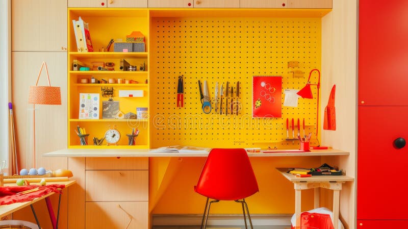 Bright and Colorful Craft Room with Well-organized Workspace and ...