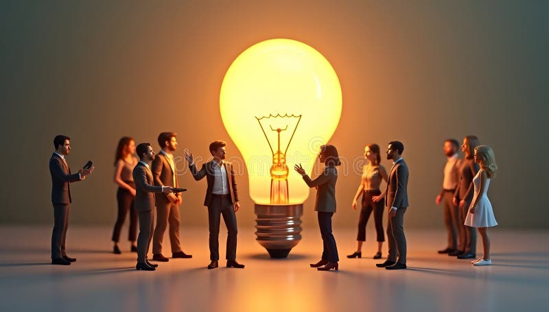 Inspiring Miniature People Around Giant Glowing Light Bulb on Puzzle ...