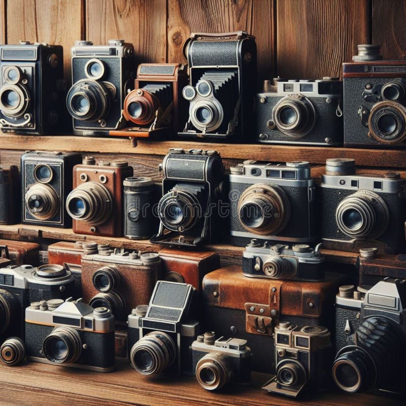 Antique Camera Collection - Display of Vintage Cameras on Wooden Shelf ...