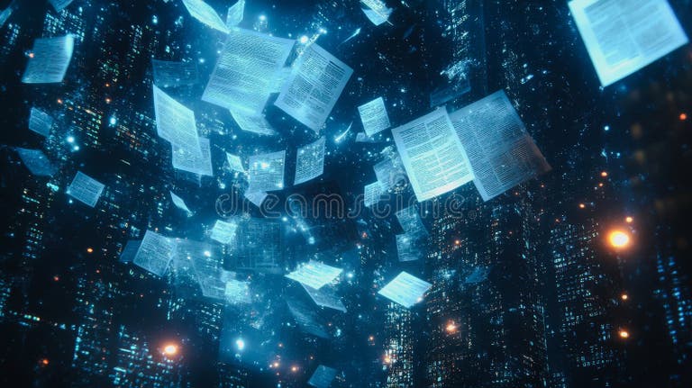 Futuristic Data Network with Floating Documents and Lights Stock Photo - Image of virtual ...