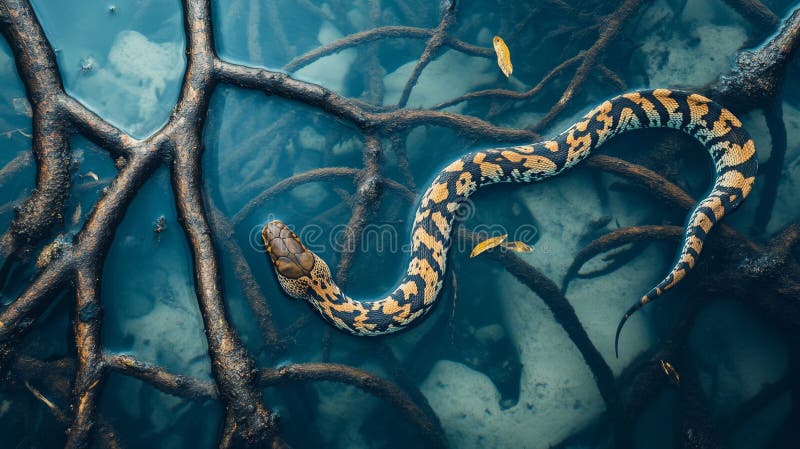 A Majestic Snake Glides through the Tangled Roots of an Underwater ...