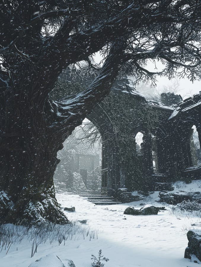 Snowy Ruins with Ancient Trees and Snowfall. Stock Illustration ...