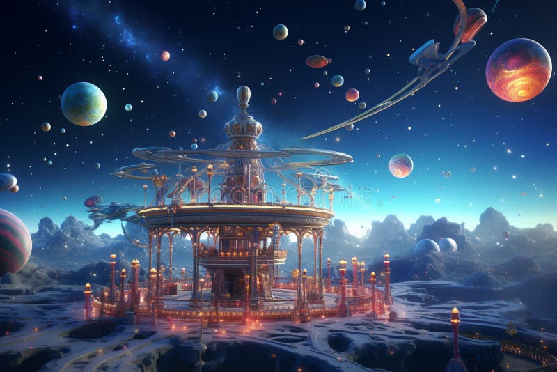 Explore a Celestial Carnival with Spacecraft of Stock Illustration - Illustration of moon ...