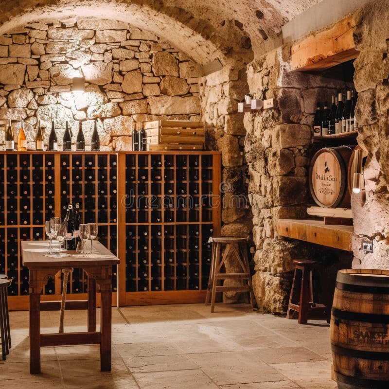 Cozy Rustic Wine Cellar with Stone Walls, Wooden Barrel, and Tasting ...
