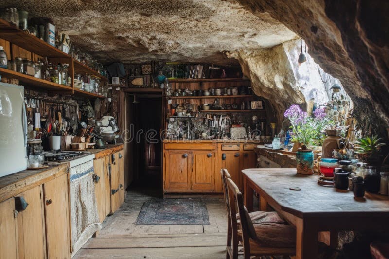 Cozy Kitchen in a Cave Styled with Wooden Shelves and Rustic Decor ...