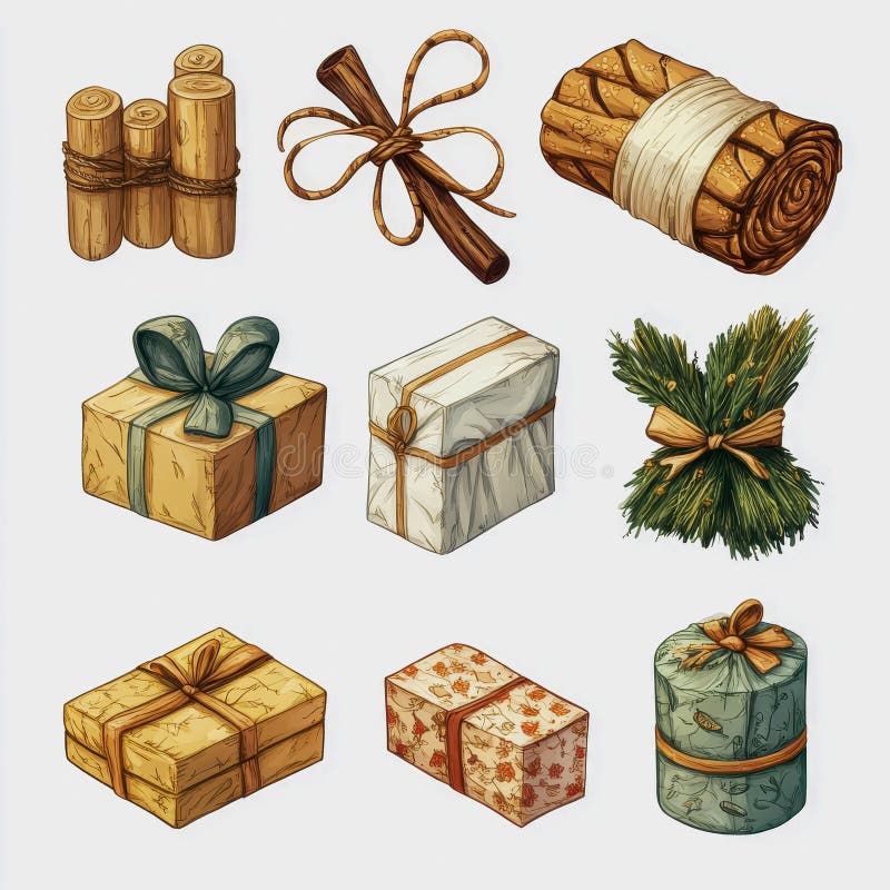 Collection of Hand-Drawn Holiday Gift Wrapping Items Including Bundles ...