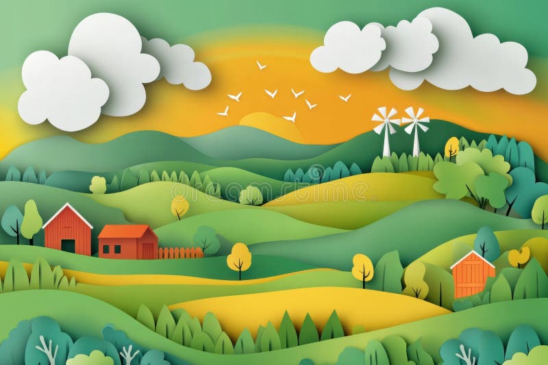 Charming Rural Landscape in Paper Cut Style Featuring Rolling Green ...