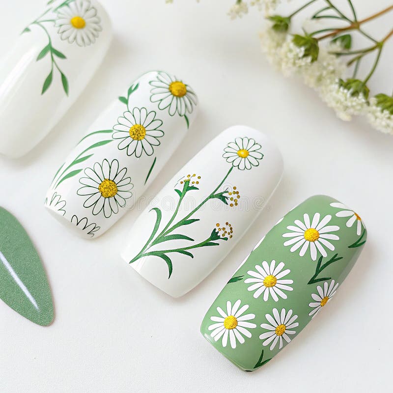 Hand-Painted Daisy Floral Nail Art Examples for Spring Stock ...