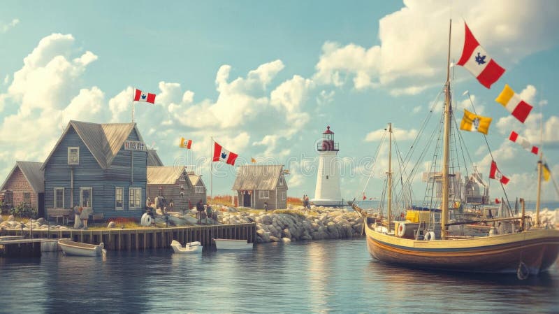 Explore Coastal Village with Flags and Lighthouse. Travel Concept Theme ...