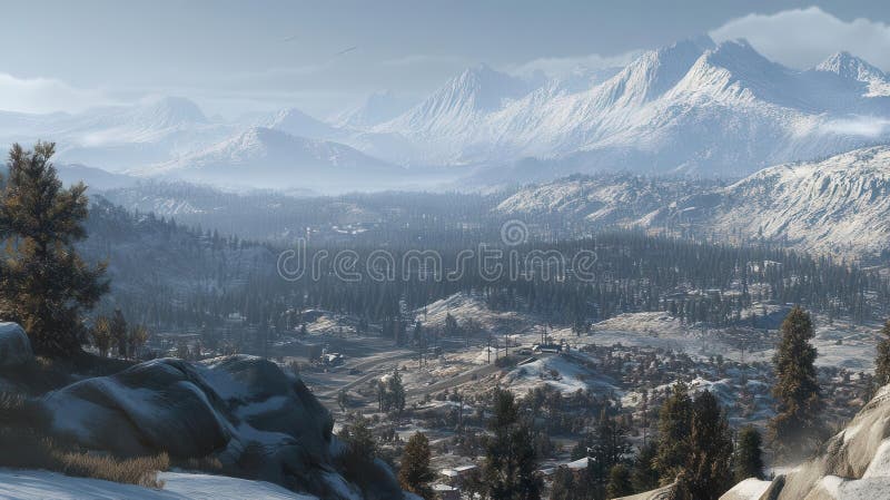 Explore Cold Mountain Range with Evergreen Trees and Distant Haze ...