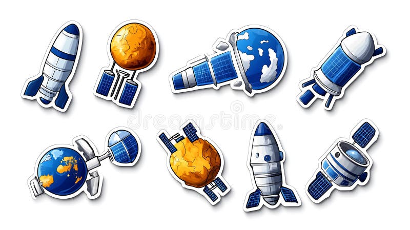 Futuristic Space Stickers Featuring Rockets and Satellites Stock ...