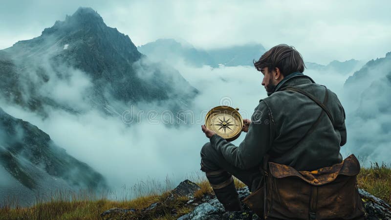 Man Sitting on Mountain with Compass, Adventure Seeker Concept Stock ...