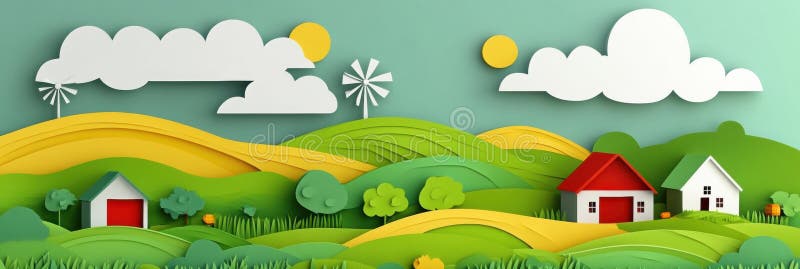 Charming Rural Landscape in Paper Cut Style Featuring Green Fields ...