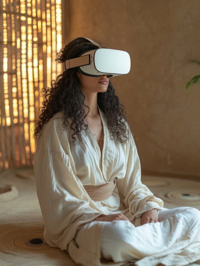 A Woman in a Serene Setting Meditates while Wearing a Virtual Reality ...