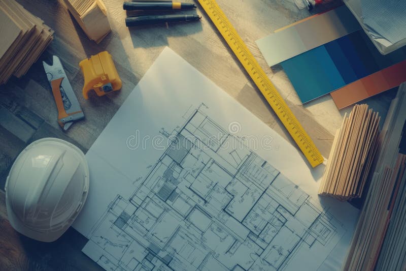 An Architectural Workspace Featuring Blueprints, Tools, and Materials ...