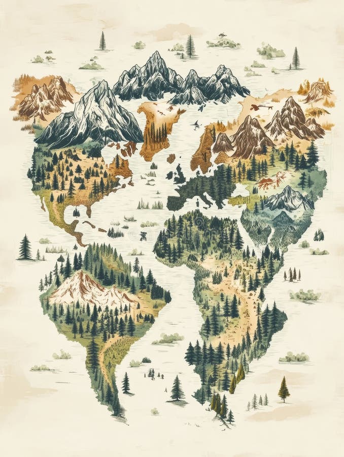 Explore a Creative World Map Featuring Diverse Forest Types and ...