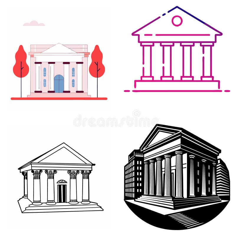 Collection of Illustrated Bank Buildings Showcasing Various ...