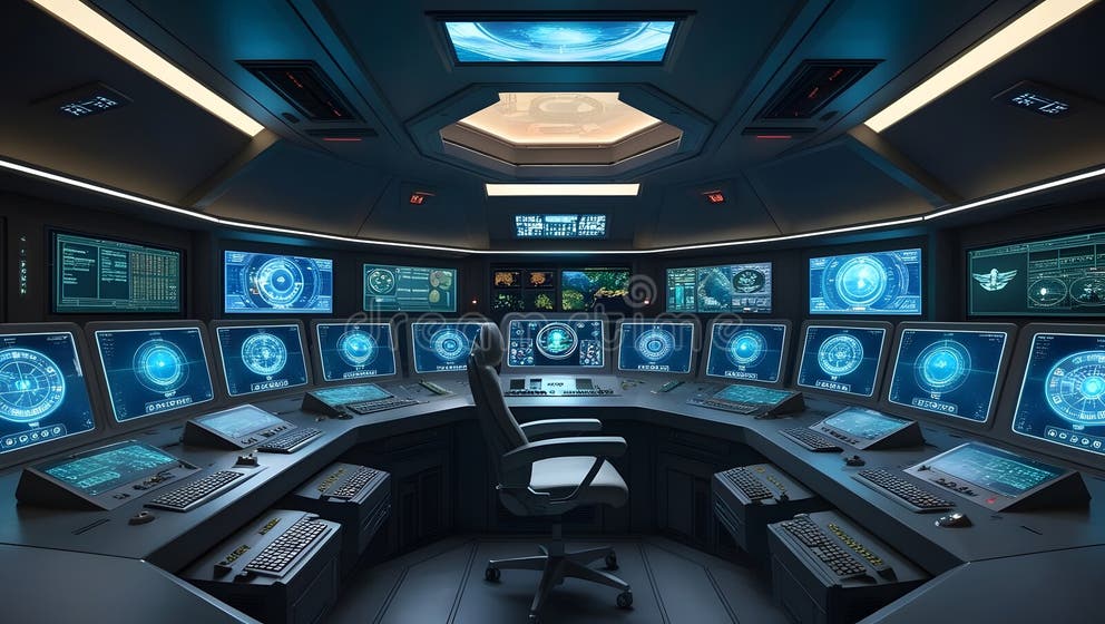 Futuristic Military Intelligence Command Center Aboard a Spaceship. Stock Illustration ...