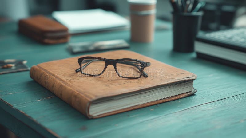 Explore a Detailed Desk Scene Featuring a Leather-bound Book, Glasses ...