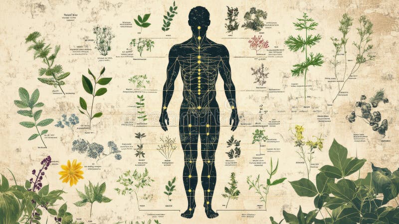 Illustrated Herbal Acupuncture Chart with Meridian Points and Plants ...