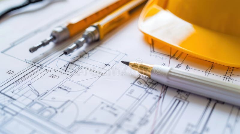 Construction Blueprints with Helmet and Drafting Tools Stock Illustration - Illustration of ...