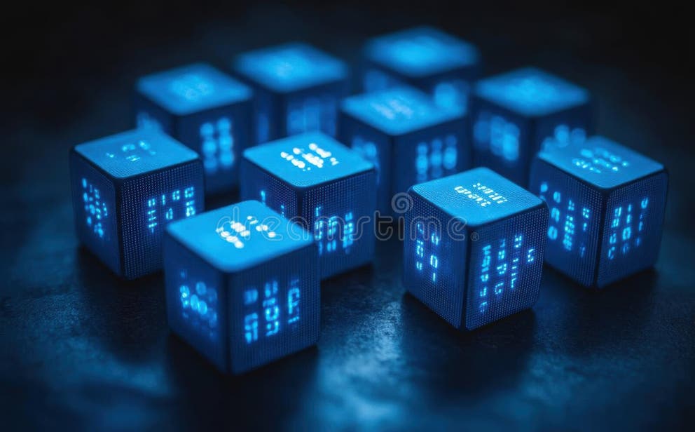 Explore Digital Cubes Displaying Data, Illuminated in Blue with Tech ...