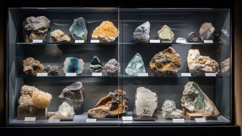Geological Specimens in a Museum Display Case with Effective Lighting ...