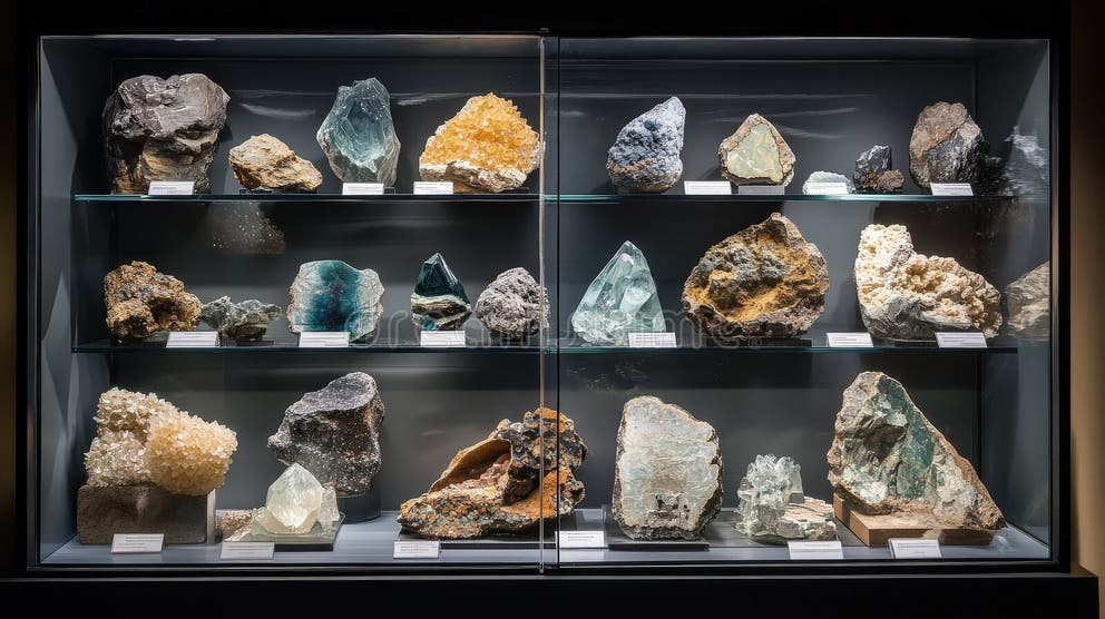 Geological Specimens in a Museum Display Case with Effective Lighting ...