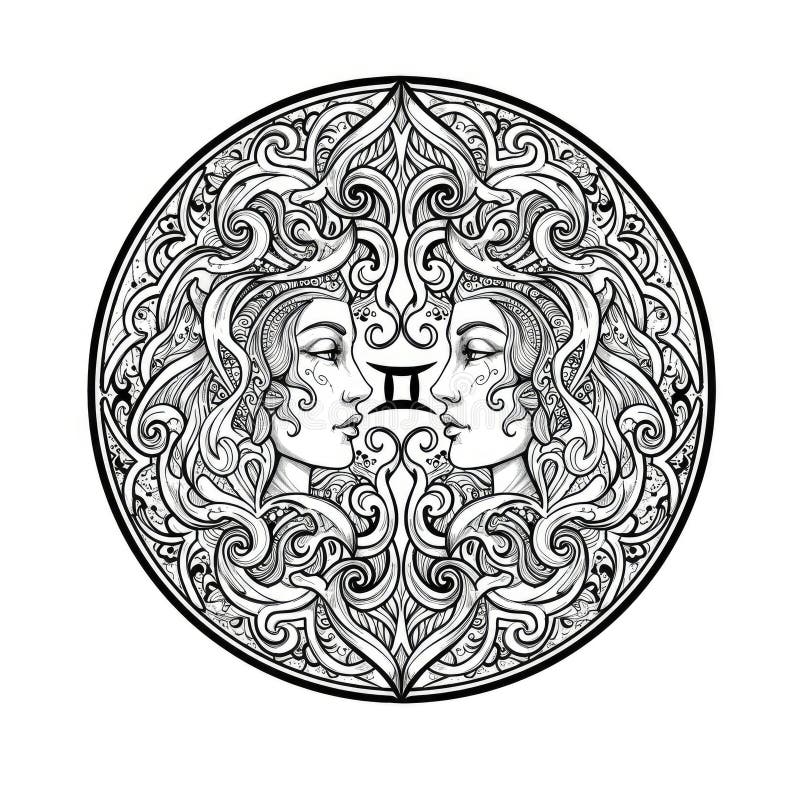 Dual Gemini Zodiac Mandala with Mirrored Faces Flowing Swirls ...