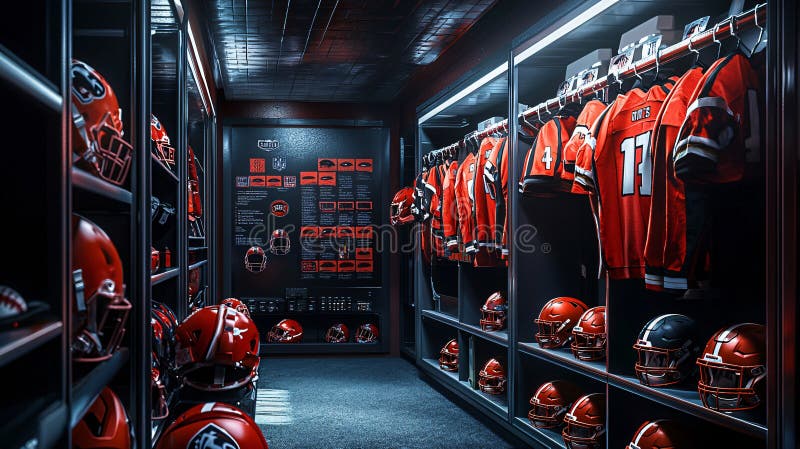 Explore the Dynamic Locker Room Scene Featuring Helmets Jerseys and ...