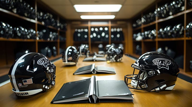 Explore a Dynamic Locker Room Setup Featuring Playbooks and Helmets ...