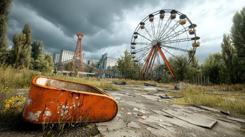 Abandoned Amusement Park with Ferris Wheel and Overgrown Vegetation ...