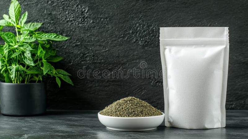 Delicate Tea Packaging Mockup with Herbal Blend on Dark Background ...