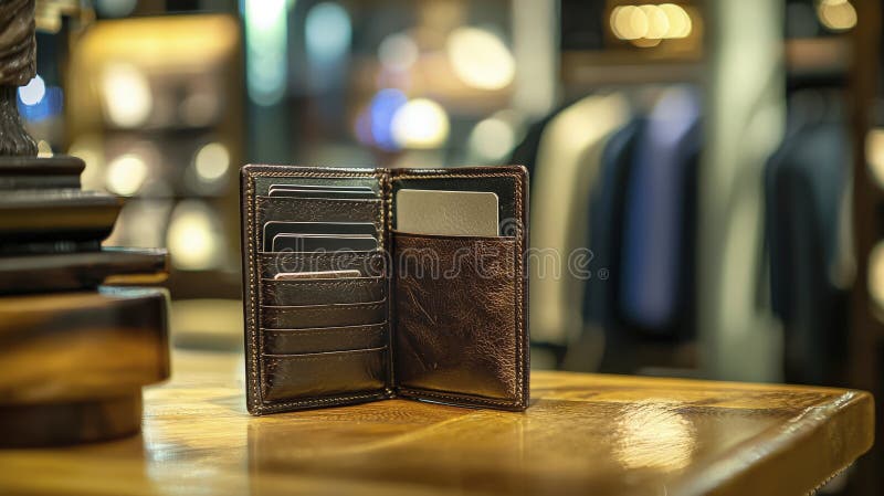 Premium Leather Wallet Displayed Open in Retail Store Showcasing Style ...