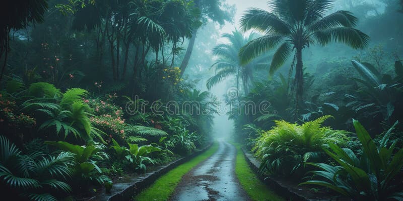 Explore the Enigmatic Beauty of a Misty Tropical Pathway Surrounded by ...