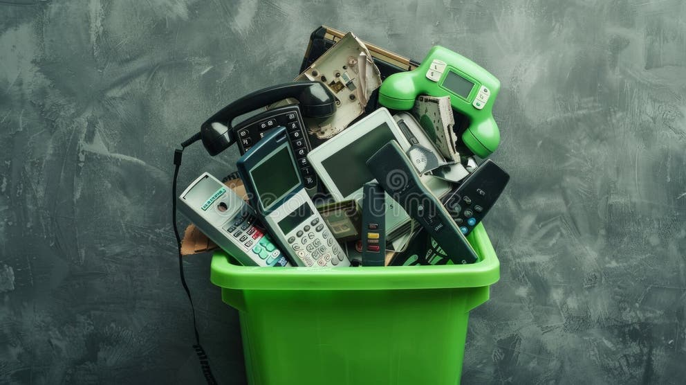 A Vibrant Green Bin Full of Discarded Electronics. Old Phones, Remotes ...
