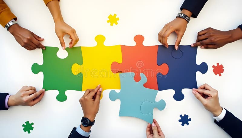 Teamwork in Business: Diverse Hands Completing Jigsaw Puzzle Stock ...