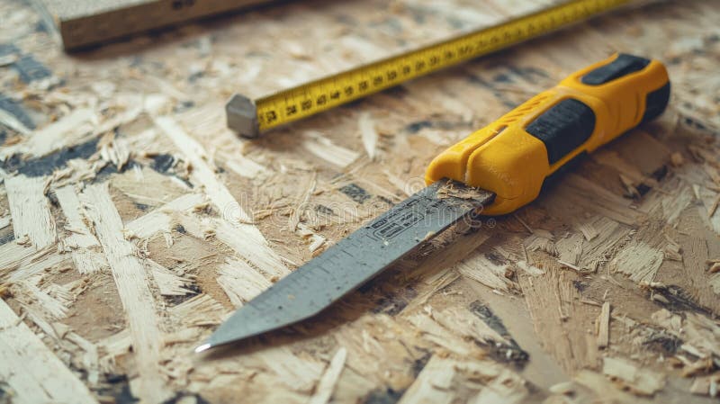 Measuring and Cutting with Utility Knife and Tape Measure on Plywood ...