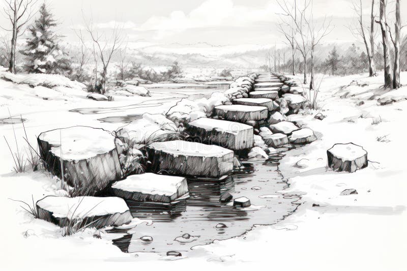 Snowy Stepping Stones - Generative AI Stock Illustration - Illustration ...