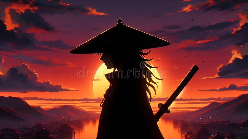 Lofi Person Stand Silhouette Sunset Dark Mood Samurai School Boy School Bag Stock Illustration ...