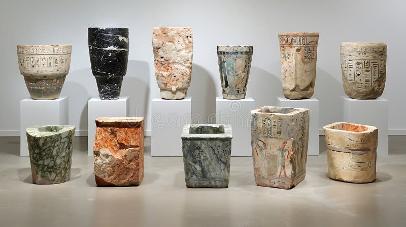 Ancient Artifacts on Display in Museum Exhibit Stock Illustration ...