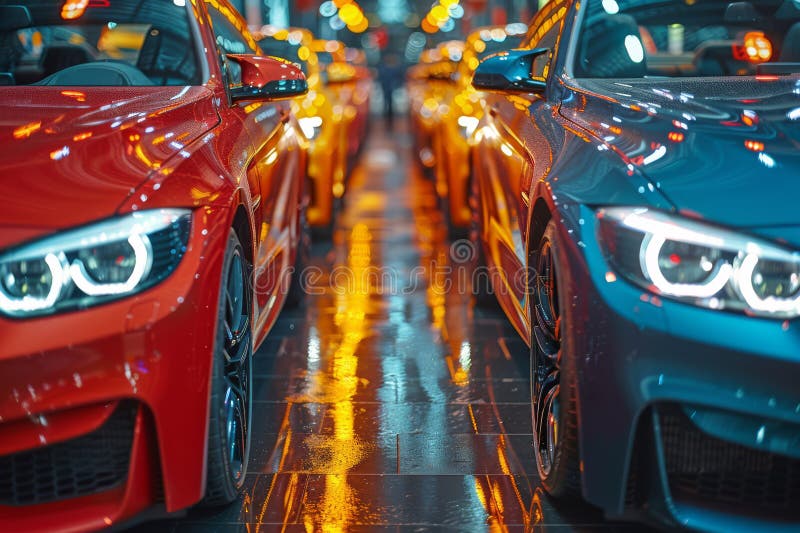 Explore Extensive Car Inventory at Car Dealership at Night Stock ...