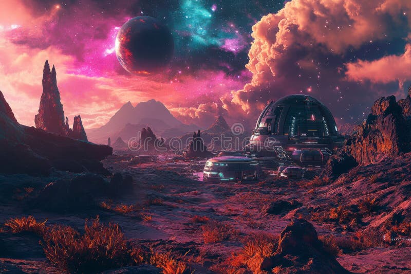 A Stunning Alien Landscape with Vibrant Colors and Cosmic Elements ...