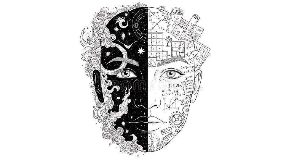 Brilliant Mind Duality Human Face Symbolizing Science, Art, Logic, and ...