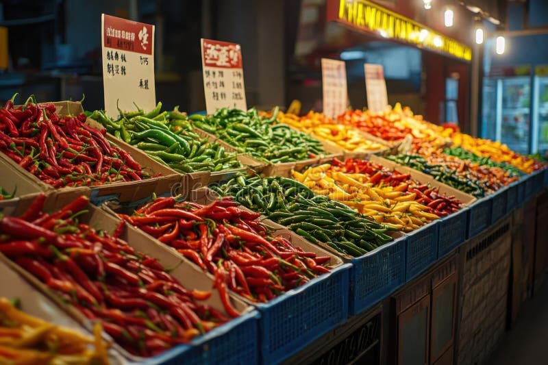 Explore Fresh Peppers at Market with Colorful Display and Fresh Produce ...