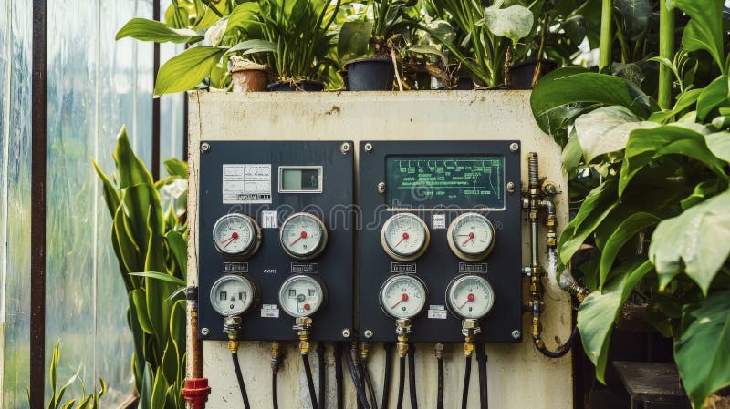 Automatic Irrigation Control Panel with Dials in a Greenhouse Setting ...
