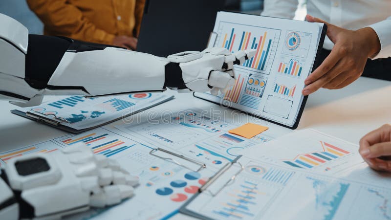 Futuristic Workflow Collaboration between Human and Robot with Data Analysis Charts and Graphs ...