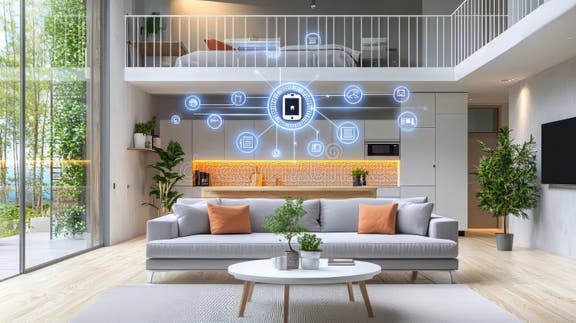 Explore the Future of Smart Homes with IoT Integration in Your Living Room Environment Stock ...