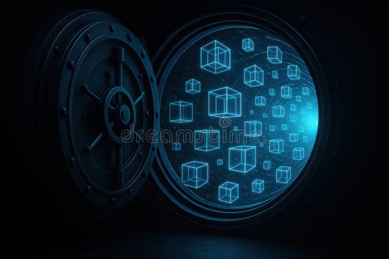 Futuristic Vault Revealing a Glowing Tunnel Filled with Digital Cubes ...