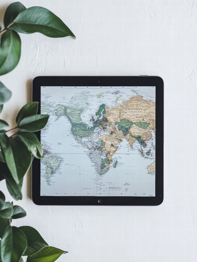 Explore Global Destinations with a World Map on a Tablet Against a ...